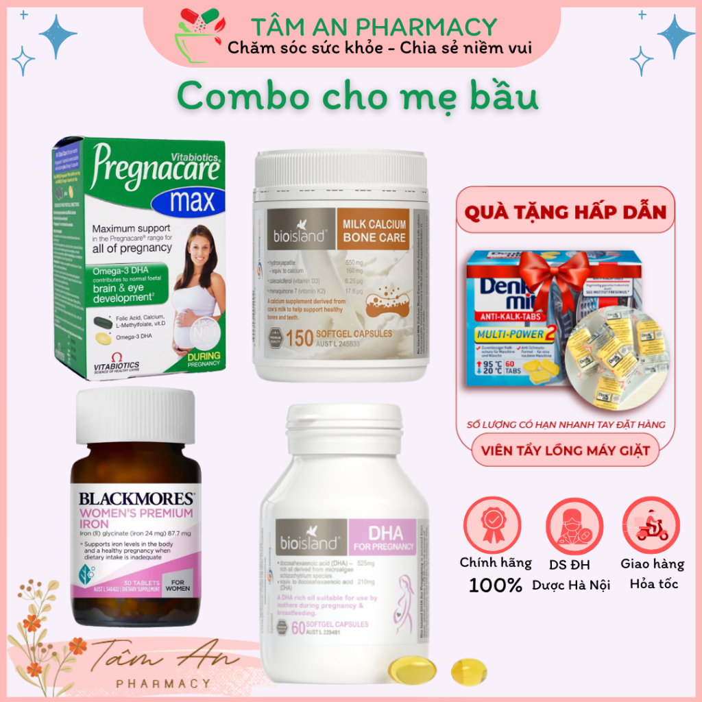 Combo cho mẹ bầu (Canxi Bioisland 150v người trưởng thành , Vitamin bầu Pregnacare Max, DHA ...