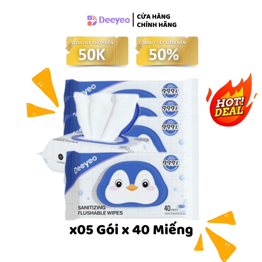 DEEYEO Combo 05 Khăn Giấy Ướt Vệ Sinh Diệt Khuẩn Tan Trong Nước (05 gói x 40 miếng) | Shopee ...