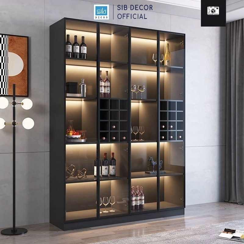 Tủ Gỗ Để Vang Trưng Bày Cánh Kính Dài 160cm Với Thiết Kế Sang Trọng Kèm LED SIB Decor TR07 ...