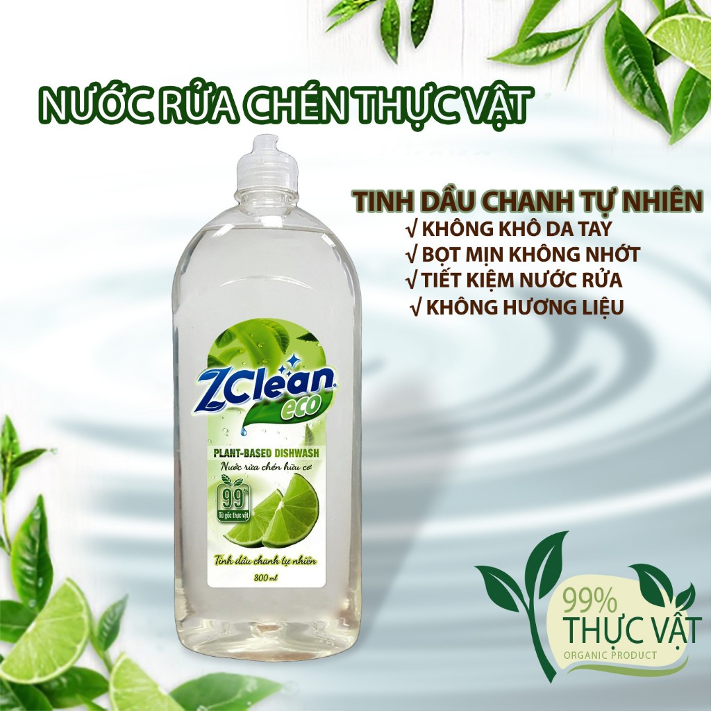 Nước rửa chén bát hữu cơ tinh chất chanh ZCLEAN an toàn cho da tay, khử mùi hôi tanh chai 800ml ...