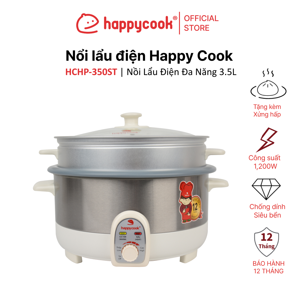 Nồi lẩu điện Đa năng 3.5L HAPPYCOOK, Có xửng, Phủ lớp chống dính cao ...