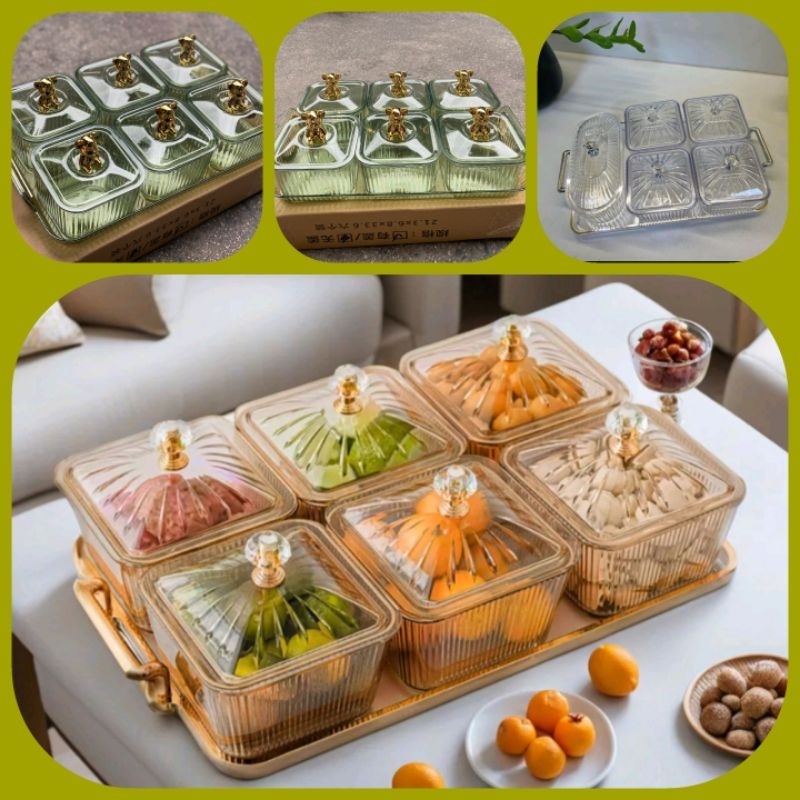 #New# Khay đựng mứt tết- hộp đựng bánh kẹo hoa quả chia 6 ngăn kèm khay bê- chất liệu mika bóng ...