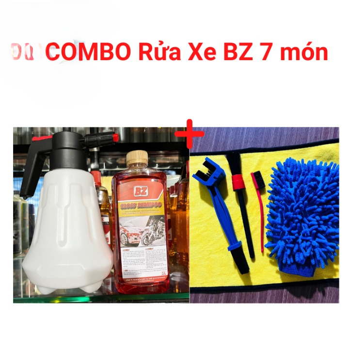 Combo Rửa Xe BZ + Bình Xịt Bọt Tuyết Lớn 2L, tặng kèm 3 vòi xịt, Kèm Bộ Cọ Khăn Bao Tay Rửa Xe ...