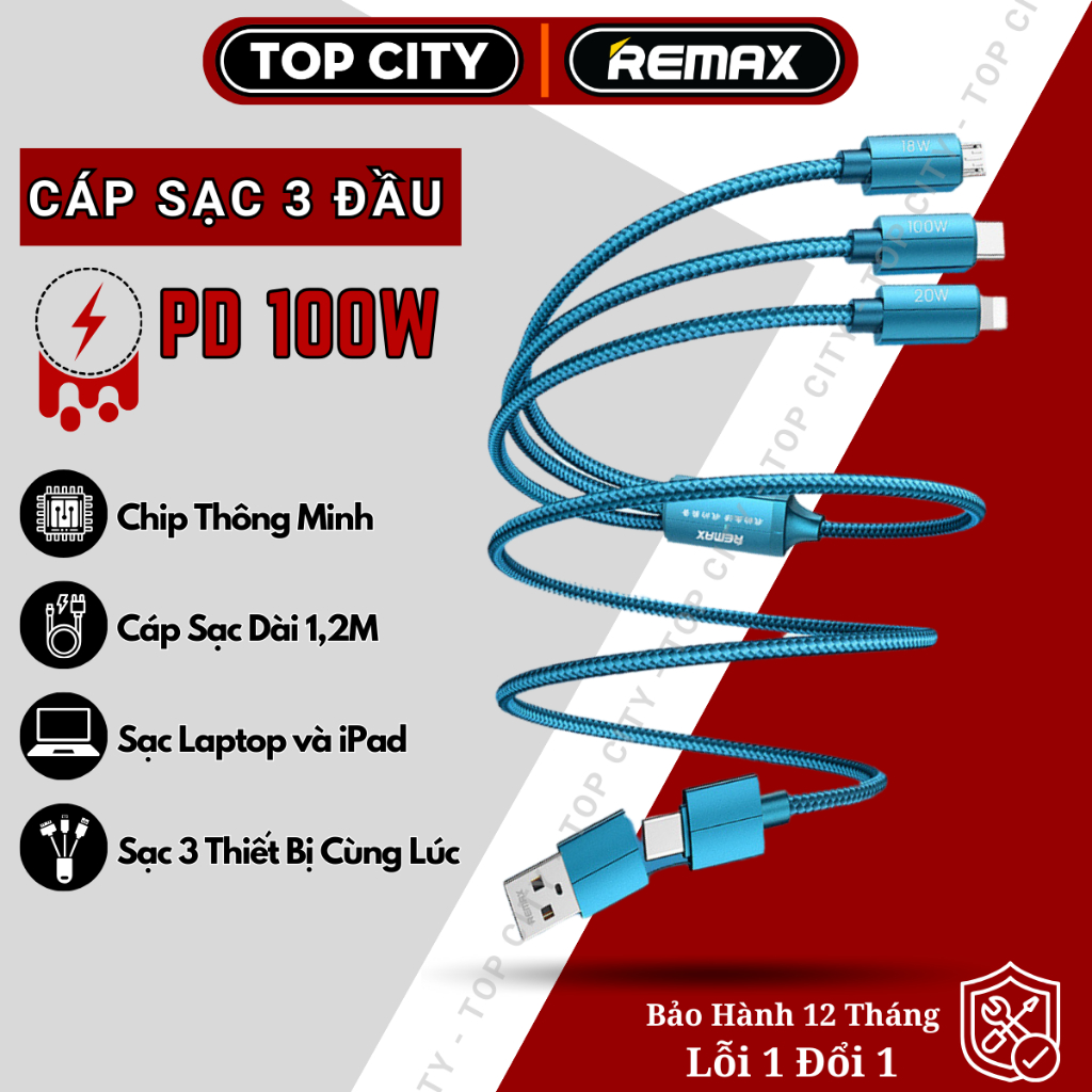 Dây sạc, Cáp sạc 3 đầu chính hãng Remax RC C012 thiết kế 3in1 hỗ trợ ...