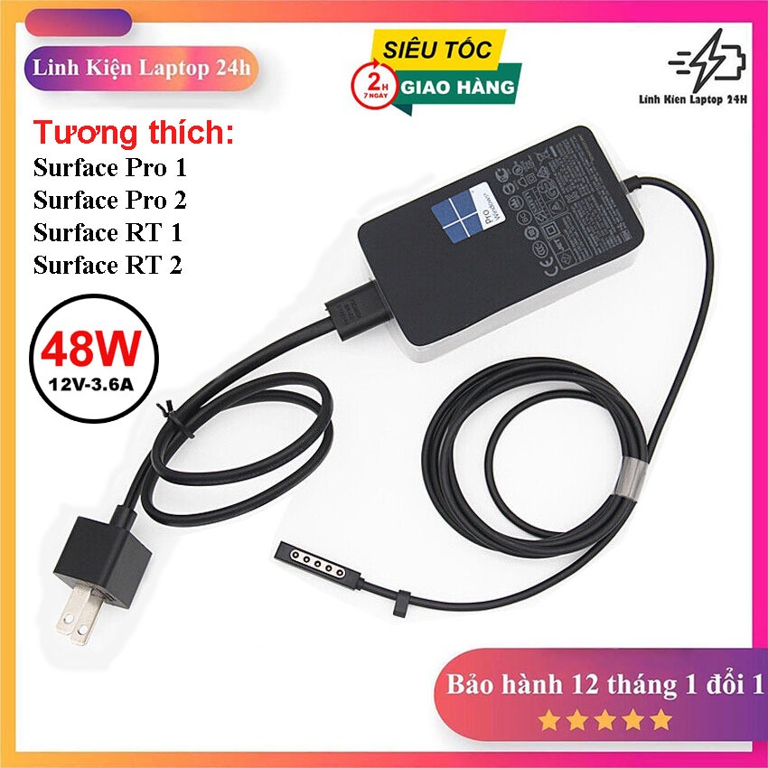 Bộ Sạc Surface Pro 1, Surface Pro 2, Surface RT 1, Surface RT 2, 48W 12V 3.6A, Bảo hành 12 tháng ...