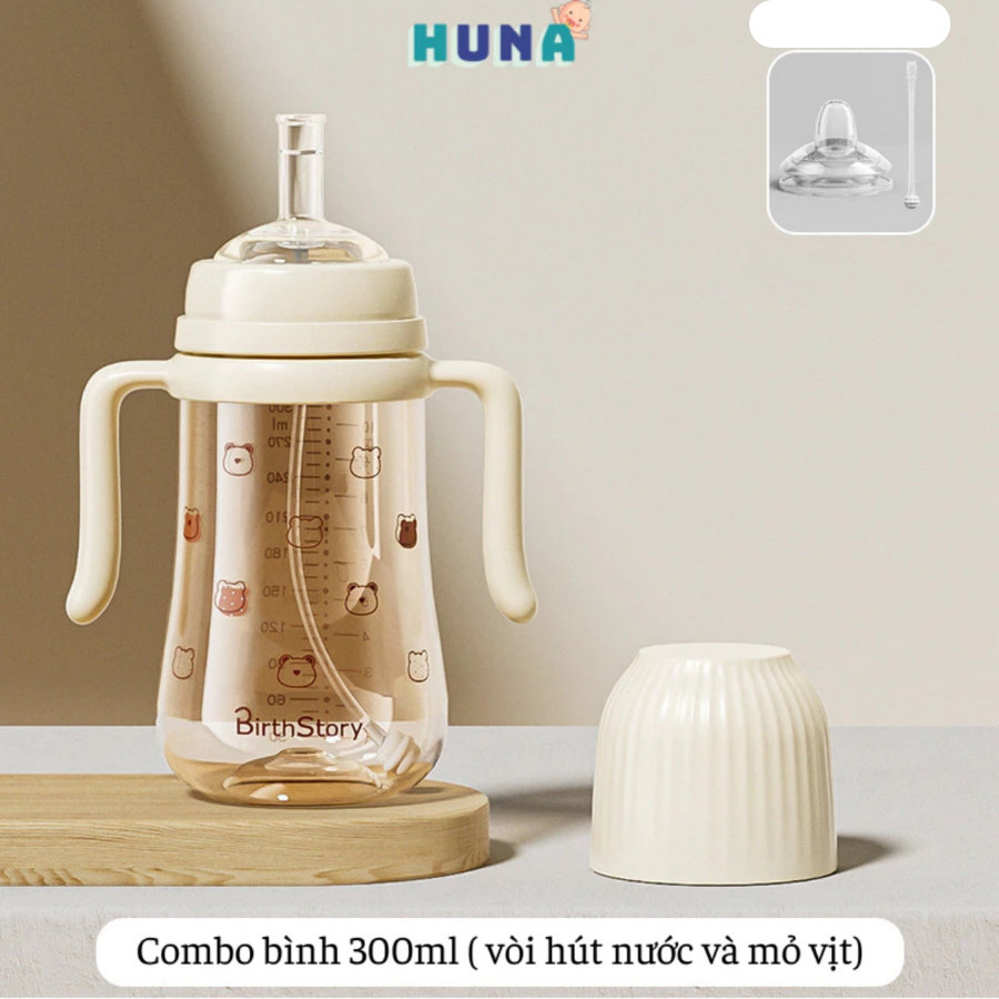 Combo Bình tập uống nước cho bé Ubmom Birthstory Hàn Quốc 300ml, kèm mỏ vịt, ống hút và núm ti ...