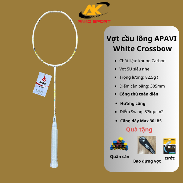 Vợt cầu lông rẻ APAVI White Crossbow 5U siêu nhẹ căng max 12kg phù hợp ...