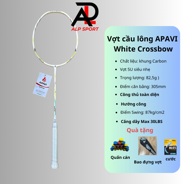 Vợt cầu lông APAVI White Crossbow khung carbon 5U siêu nhẹ phù hợp với ...