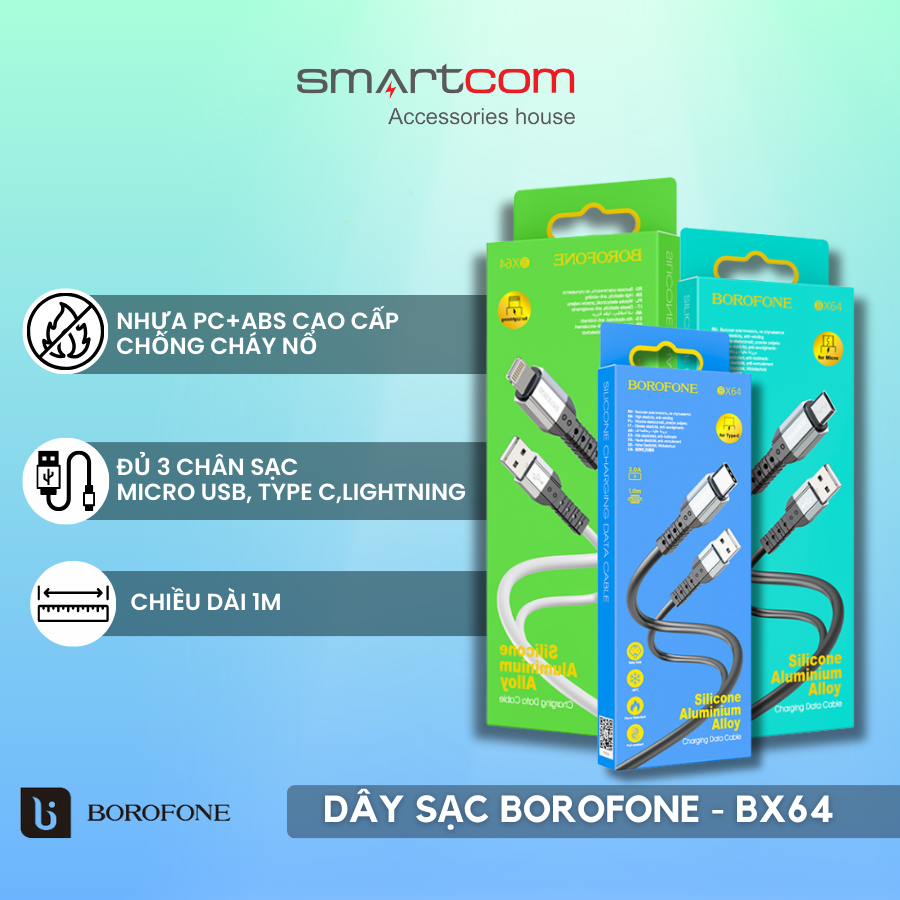 Cáp sạc nhanh Borofone dây silicone 3A siêu nhẹ và bền bỉ, dây truyền ...