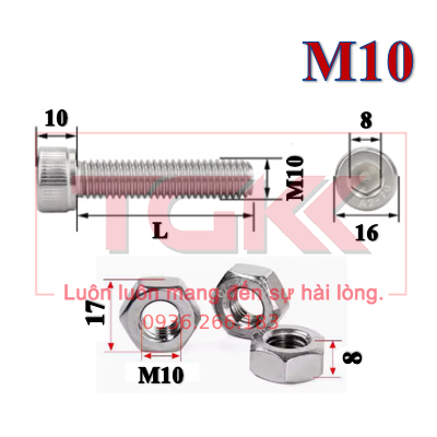 Bulong LGC đầu trụ kèm đai ốc inox 304 M10 (8mm-90mm) (DIN912+DIN934 ...