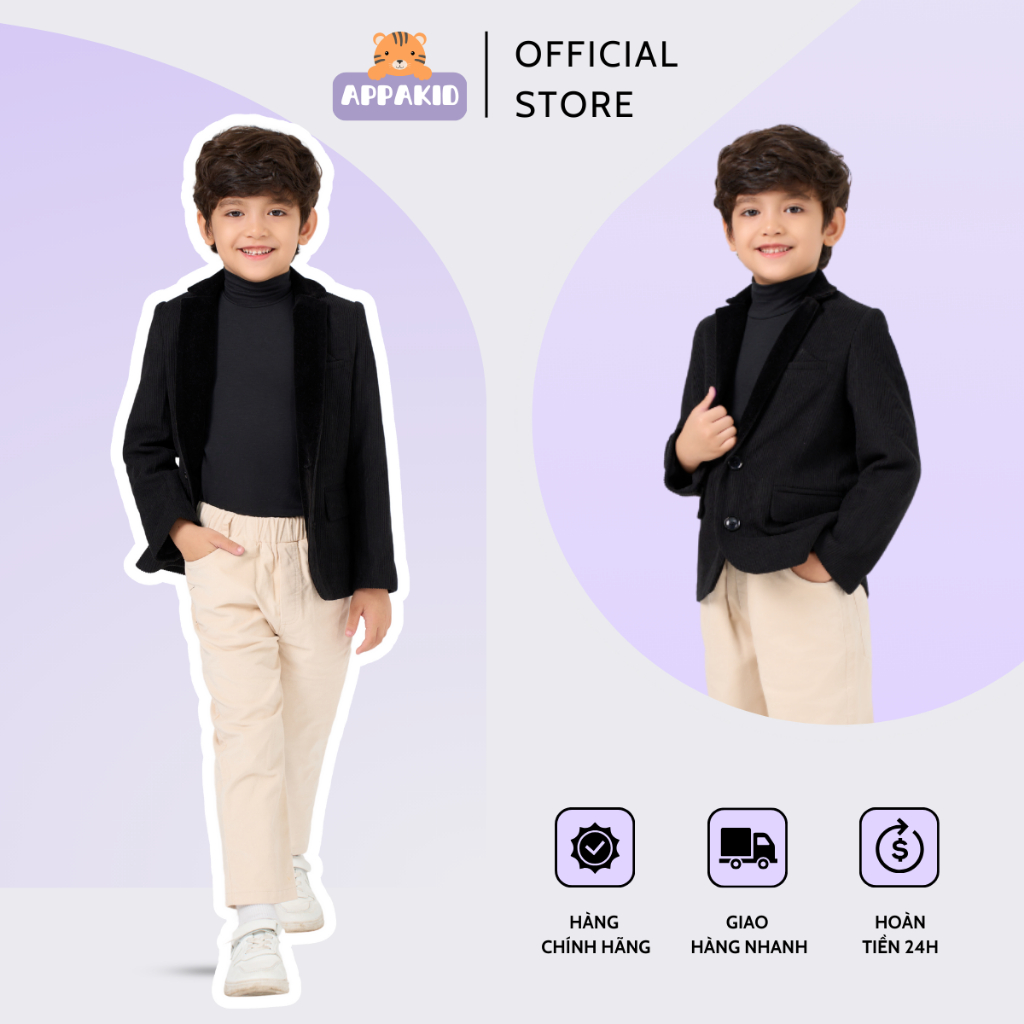 Áo vest nhung đen bé trai [APPA KID] Blazer cho bé trai có cầu vai chất ...