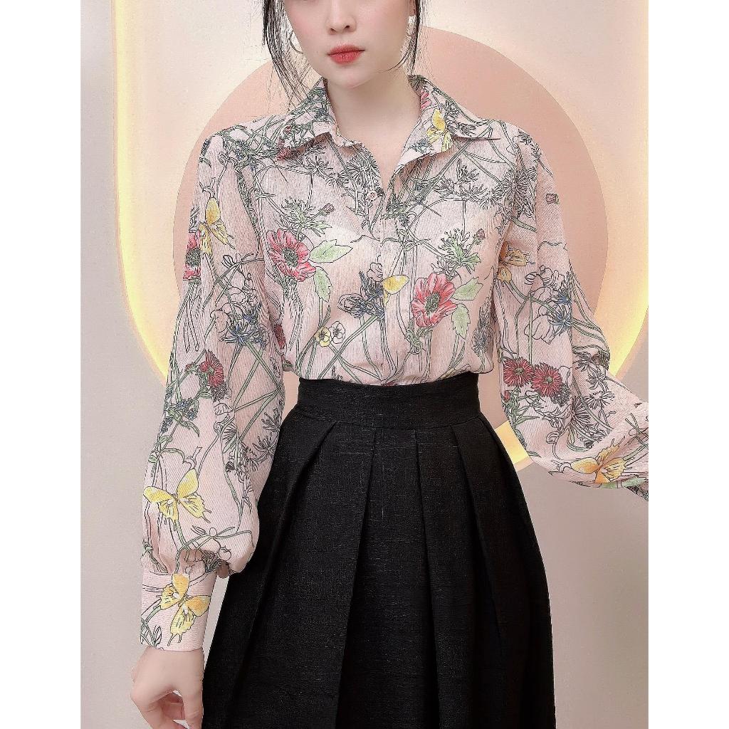 Áo sơ mi nữ họa tiết sang trọng nẹp đôi giấu cúc vải trượt hàn cao cấp ...