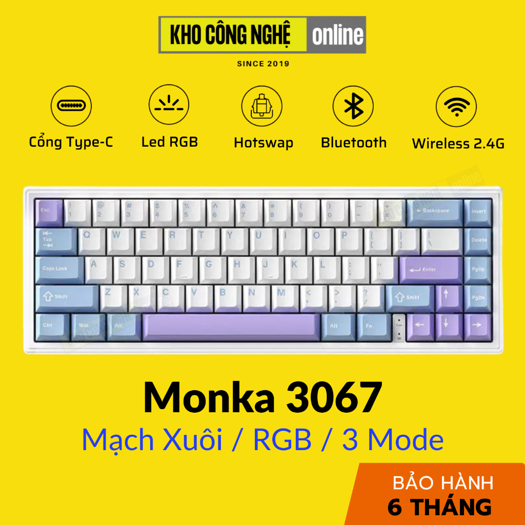 MONKA 3067 V2 Pro - Bàn phím cơ MONKA 3067 V2 Pro Không Dây, Mạch Xuôi, Led RGB, Kết Nối 3 Modes ...