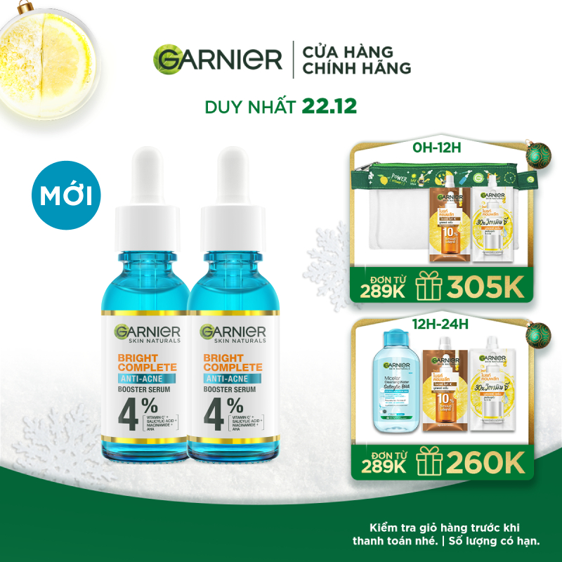 Bộ đôi dưỡng chất cho da dầu mụn Garnier Bright Complete Anti-Acne Serum 4% [Niacinamide, BHA ...