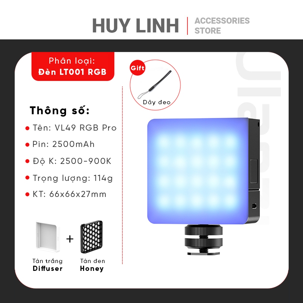 Đèn Ulanzi VL49 Pro Rechargeable Mini RGB Light - LT001 kèm tấm tản ...