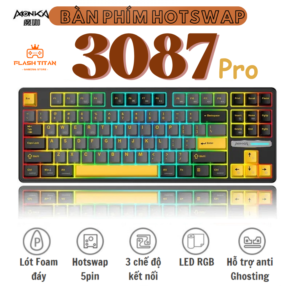 Bàn phím cơ không dây Monka 3087 pro - Hỗ trợ hotswap 5pin - Led RGB ...