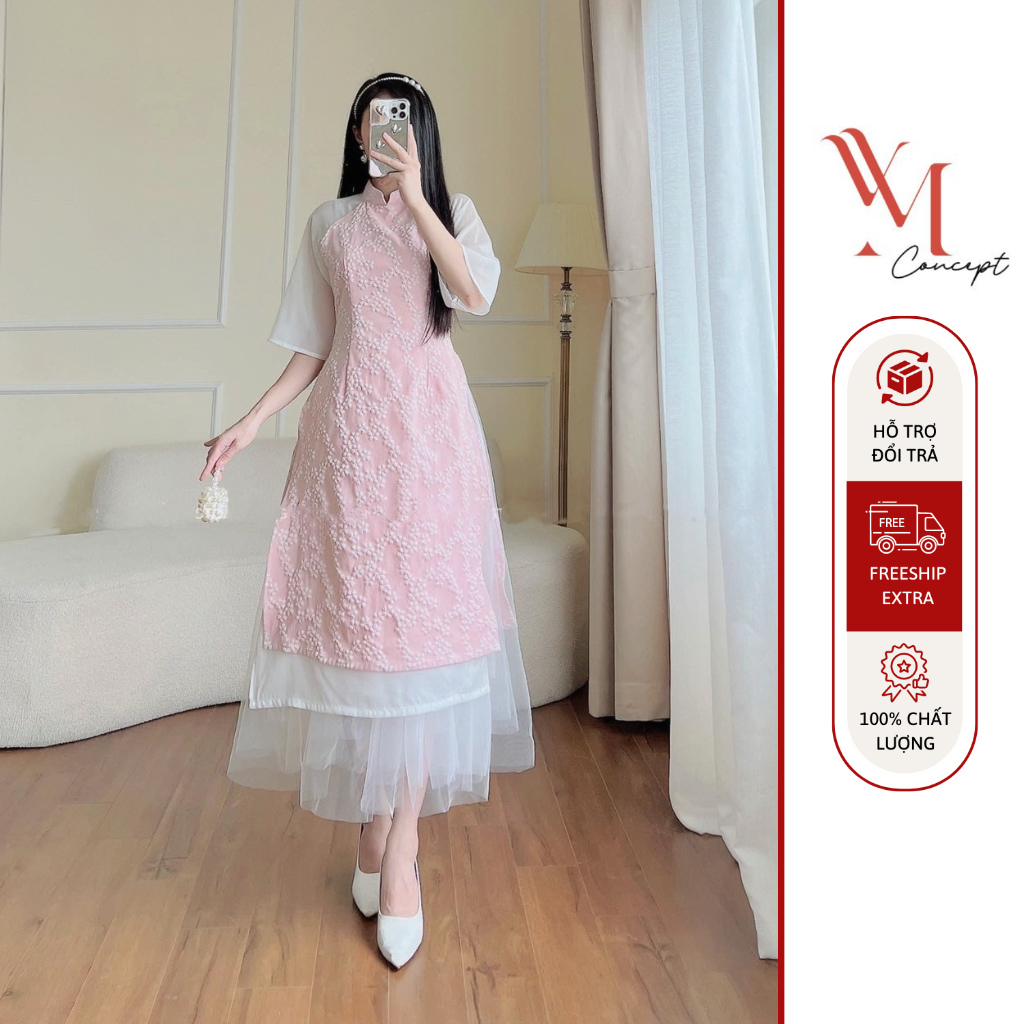 YM Concept Sét Áo Dài Gấm Hoa Nổi + Chân Váy Lưới Xoè - D0850 | Shopee Việt Nam