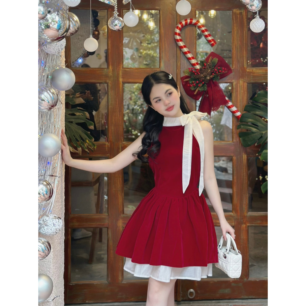 Váy nhung nữ cổ yếm màu đỏ có thắt nơ V36 màu đỏ | Shopee Việt Nam