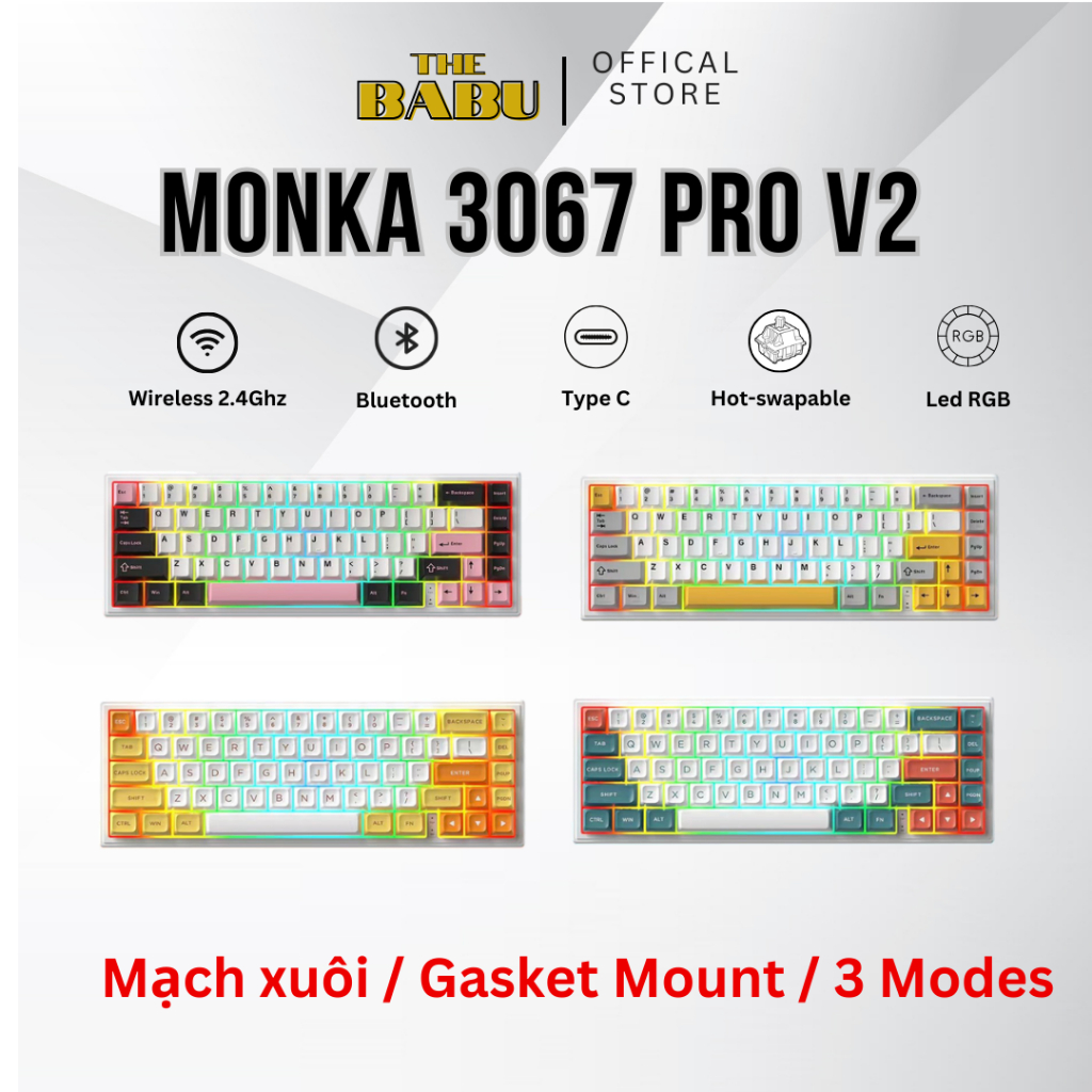 [HÀNG SẴN] Bàn phím cơ Monka 3067 V2 Pro Mạch Xuôi (Led RGB, Kết Nối 3 ...