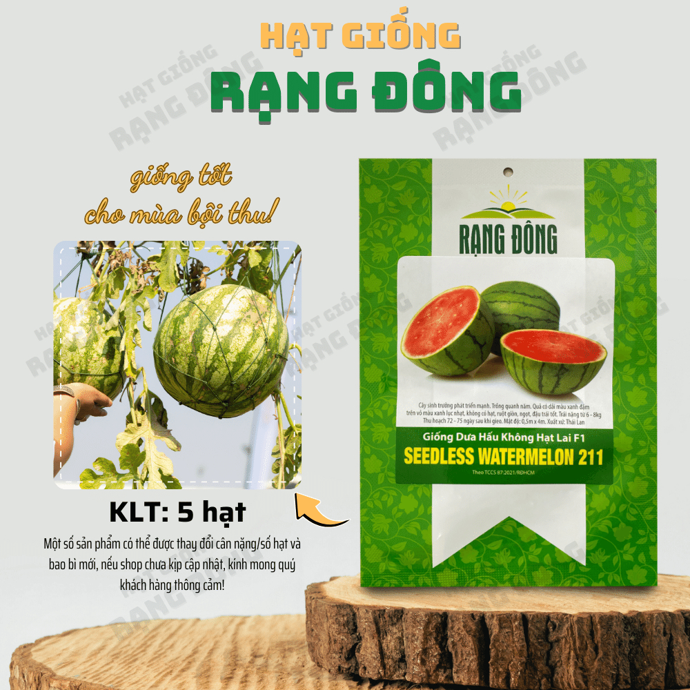 Hạt giống Dưa Hấu Không Hạt Lai F1 211 (5 hạt) trái to, ruột đỏ tươi, ngọt, trồng quanh năm ...