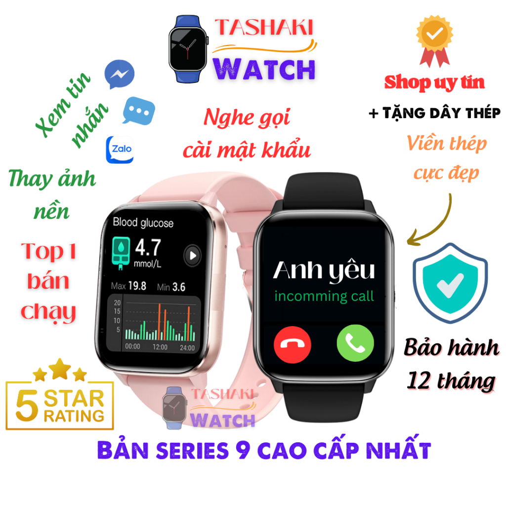 Đồng hồ thông minh TASHAKI WATCH 9, Smartwatch Nghe gọi, Thay ảnh Nam ...