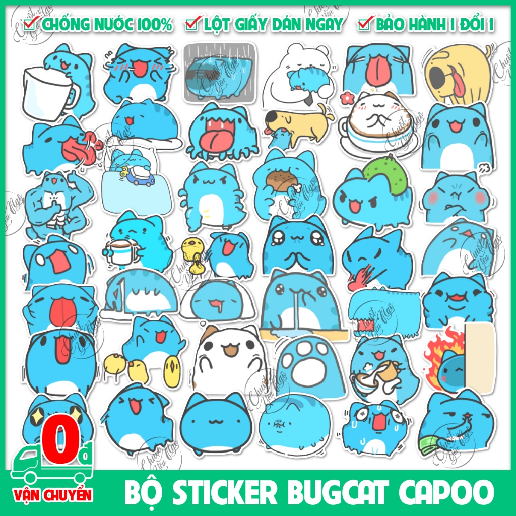 Combo 100 sticker MÈO XANH BUGCAT CAPOO hình dán dễ thương trang trí laptop điện thoại nón bảo ...