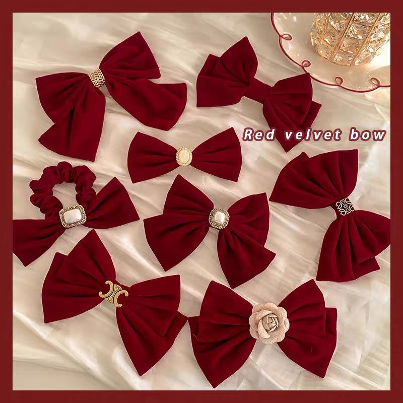 Kẹp tóc nơ nhung màu đỏ sang chảnh, kẹp nơ nhung phong cách Hàn Quốc ...