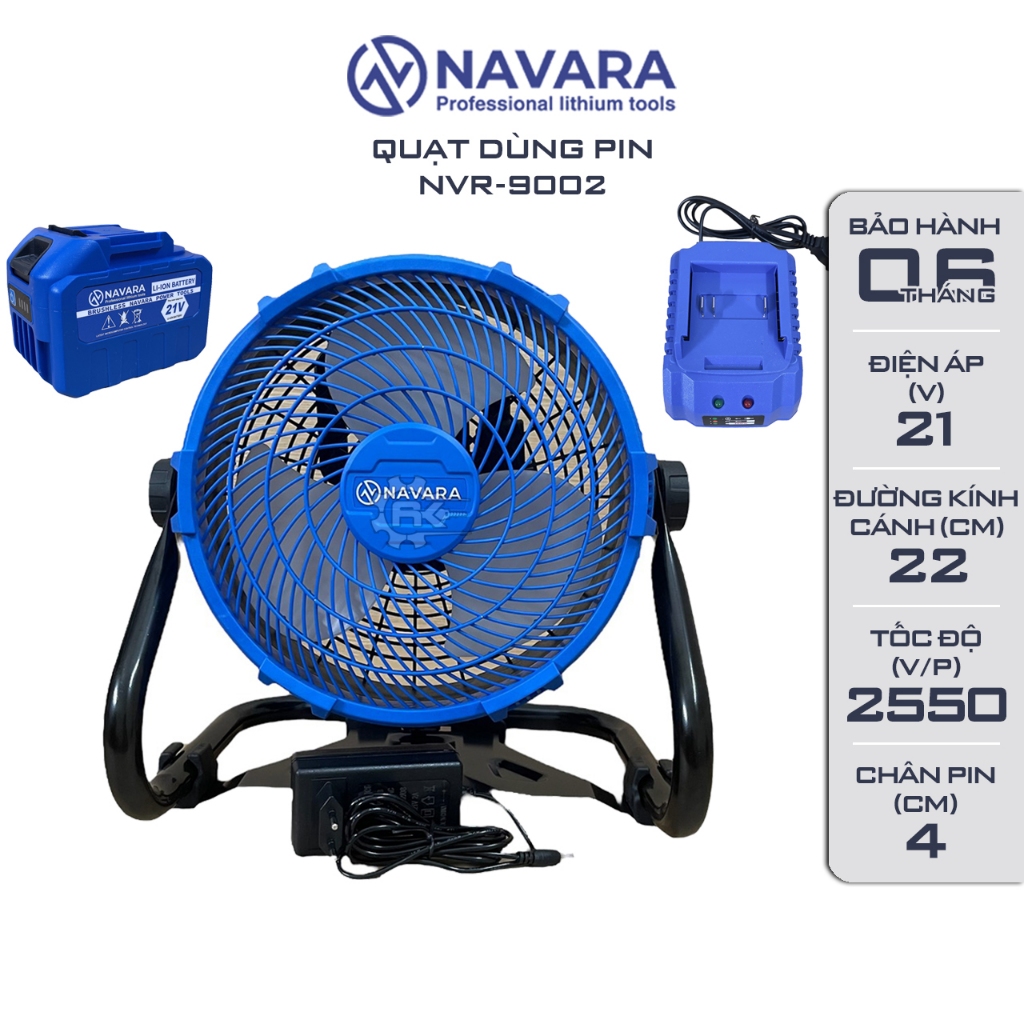 Quạt dùng pin NAVARA 9002, Đường kính cánh quạt 22cm, Chân pin phổ ...