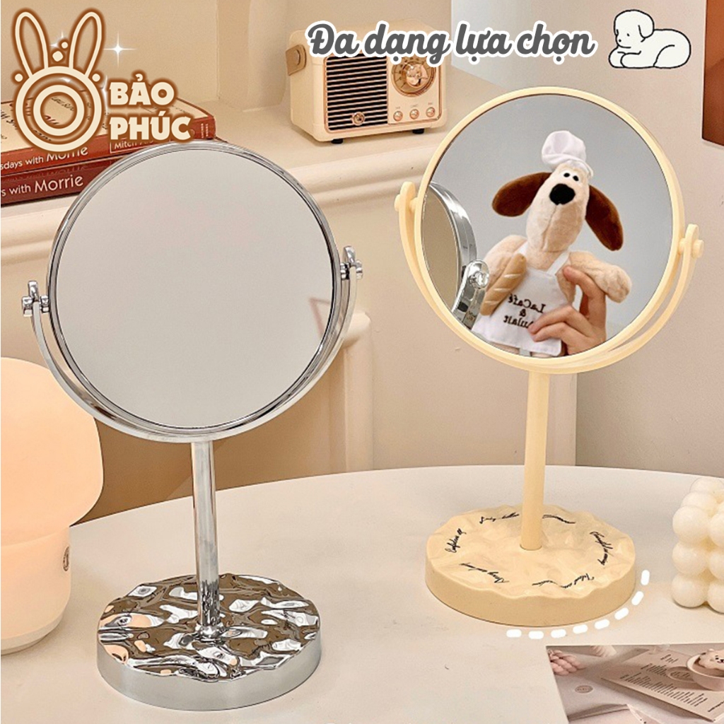 Gương trang điểm mini để bàn có khung và chân đứng bằng inox không gỉ 2 mặt make up màu kem và ...