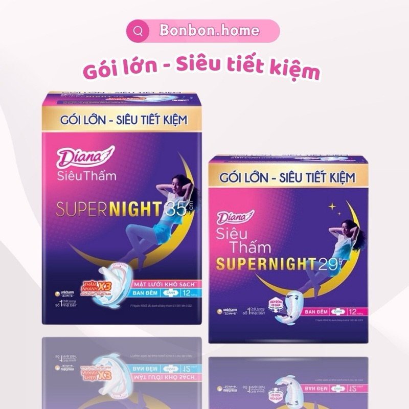 [BVS] Băng vệ sinh Diana Super Night 29/35cm gói lớn 12 miếng siêu tiết ...
