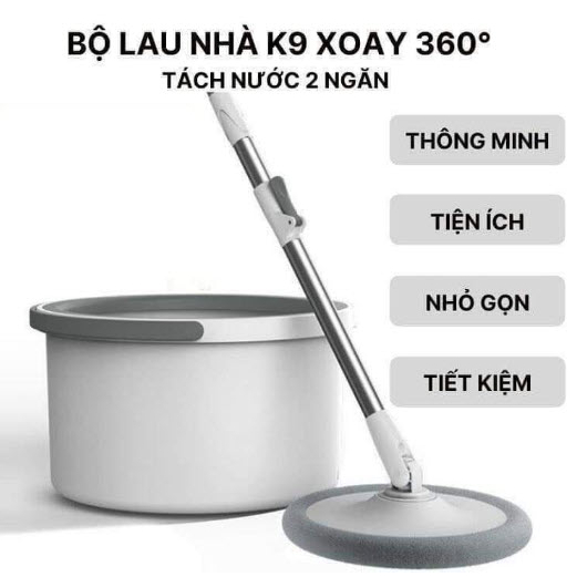Bộ cây lau nhà tách nước K9, Thùng lau nhựa pp 10L, Cán inox dài 134cm ...