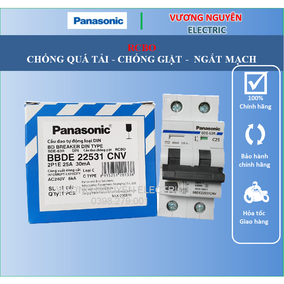 Panasonic CB Chống giật PANA 2 cực 2P RCBO 6A 10A 20A 25A 32A 40A 50A 63A Áp to mat chống giật ...
