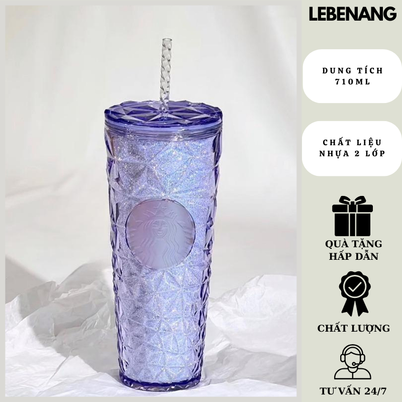 Ly Diamond Glitter Purple 710ml, bình nước nhựa 2 lớp bling bling Bộ ...