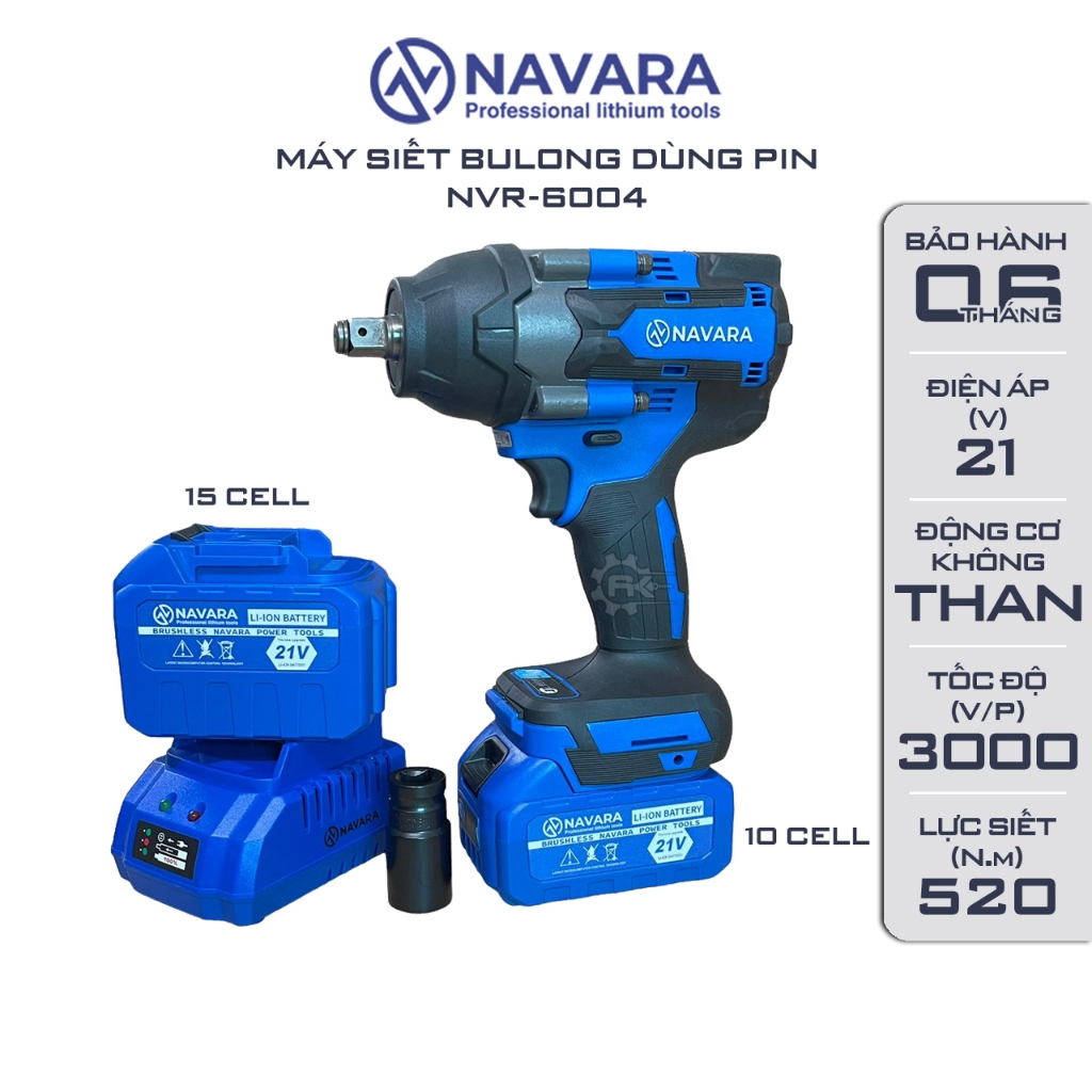 Máy siết bulong pin NAVARA 6004, Lực siết 520Nm, Động cơ Không chổi ...