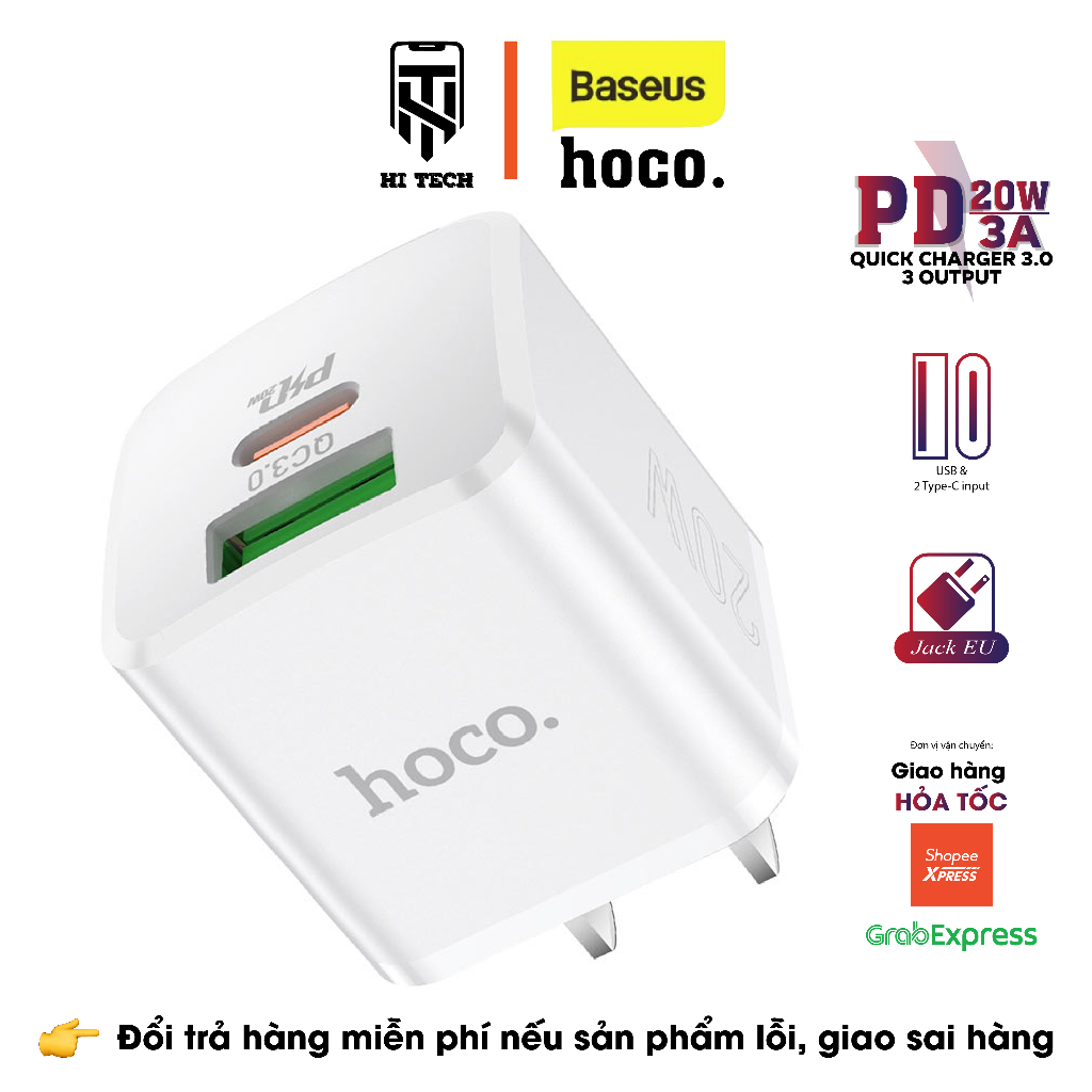 Củ sạc nhanh PD QC3.0 20W HOCO NC2, 2 cổng USB và Type-C, chất liệu PC chống cháy kèm phích cắm ...