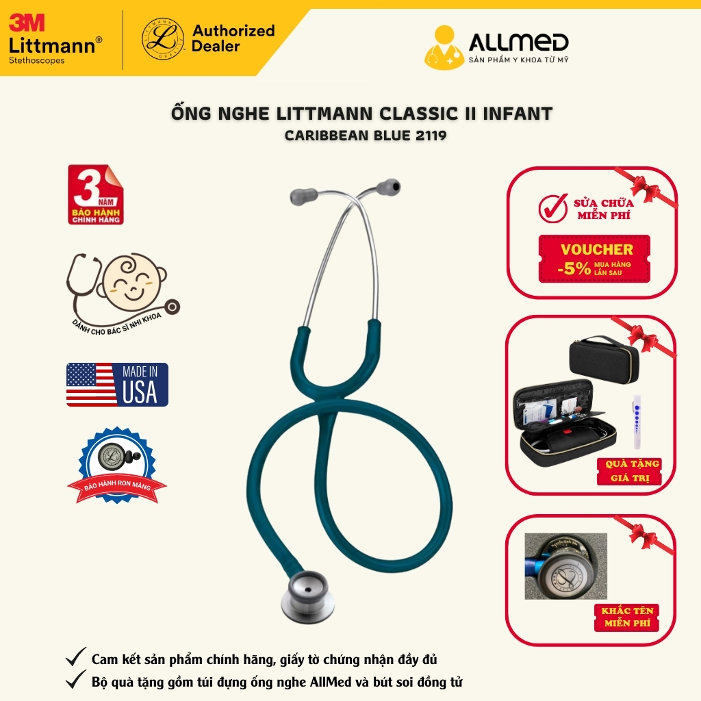 Ống nghe Littmann® Classic II Infant (sơ sinh) màu xanh Caribbean Blue 2119 chính hãng 3M Mỹ ...