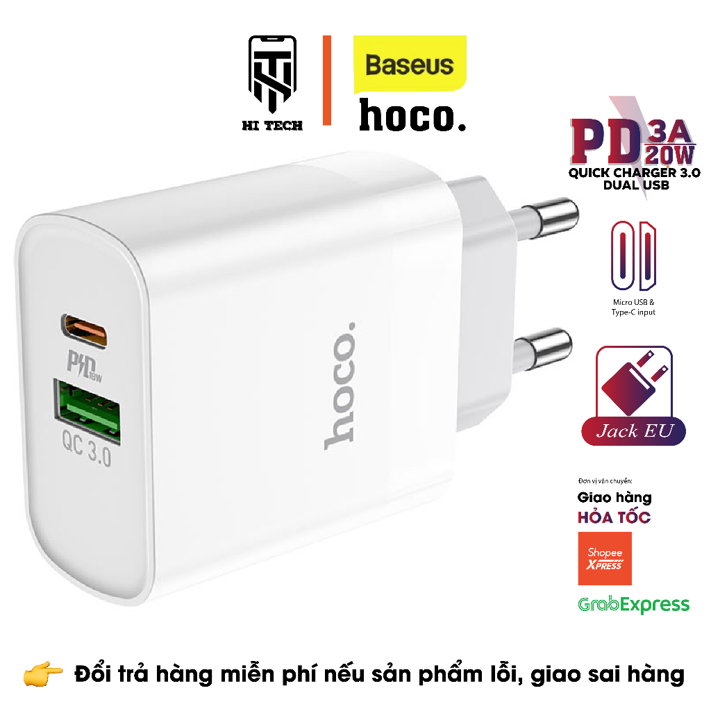 Củ sạc nhanh PD, QC3.0 20W Hoco C80A 2 cổng micro USB + type-C chất liệu PVC phích cắm tiêu ...