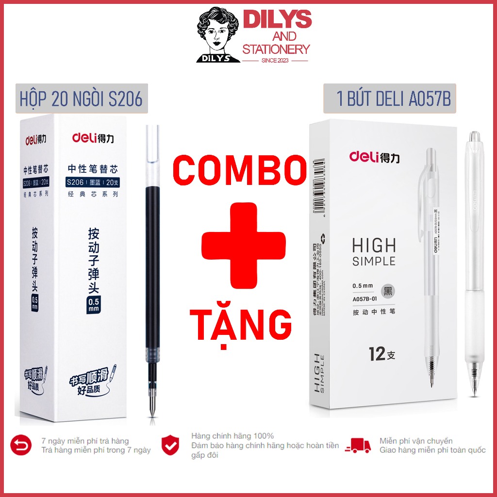 Combo 20 Ruột Deli S206 mực xanh đen ngòi 0.5mm (Tặng 1 bút A057B ...