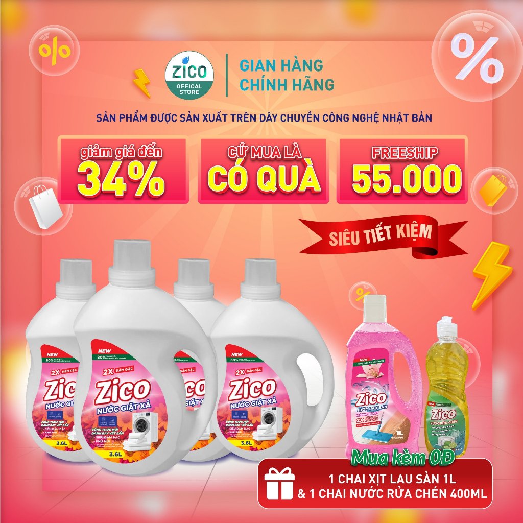 Combo 4 can nước giặt xả ZICO 3,6 lít tặng 1 chai rửa chén ZICO 400 ml + 1 Chai lau sàn ZICO 1L ...