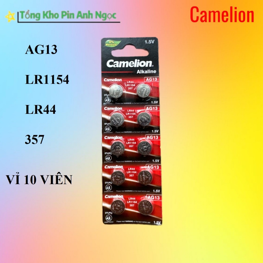 Pin AG13 / LR1154 / LR44 / 357 Camelion vỉ 10 viên cho đồng hồ, máy ...