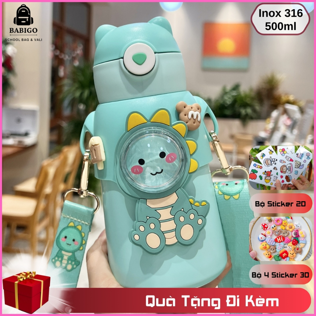 Bình nước giữ nhiệt trẻ em cho bé đi học INOX 316 500ml dễ thương có dây đeo tặng kèm sticker 2D ...