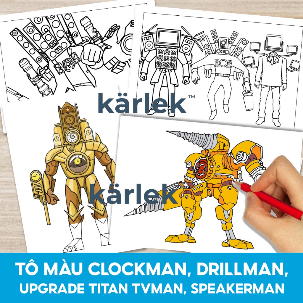 TRANH TÔ MÀU CHO BÉ - 20 tờ tô màu A5 chủ đề ClockMan, DrillMan ...