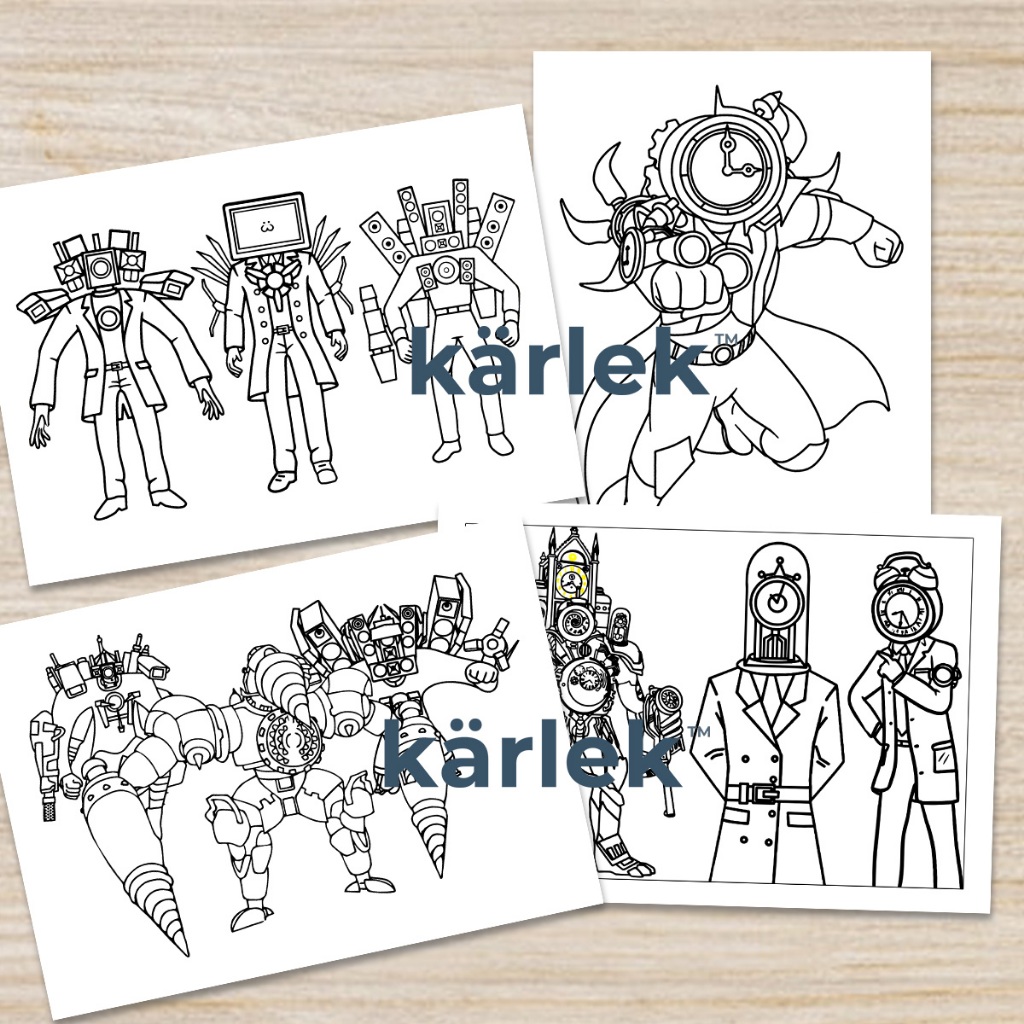 TRANH TÔ MÀU CHO BÉ - 20 tờ tô màu A5 chủ đề ClockMan, DrillMan ...