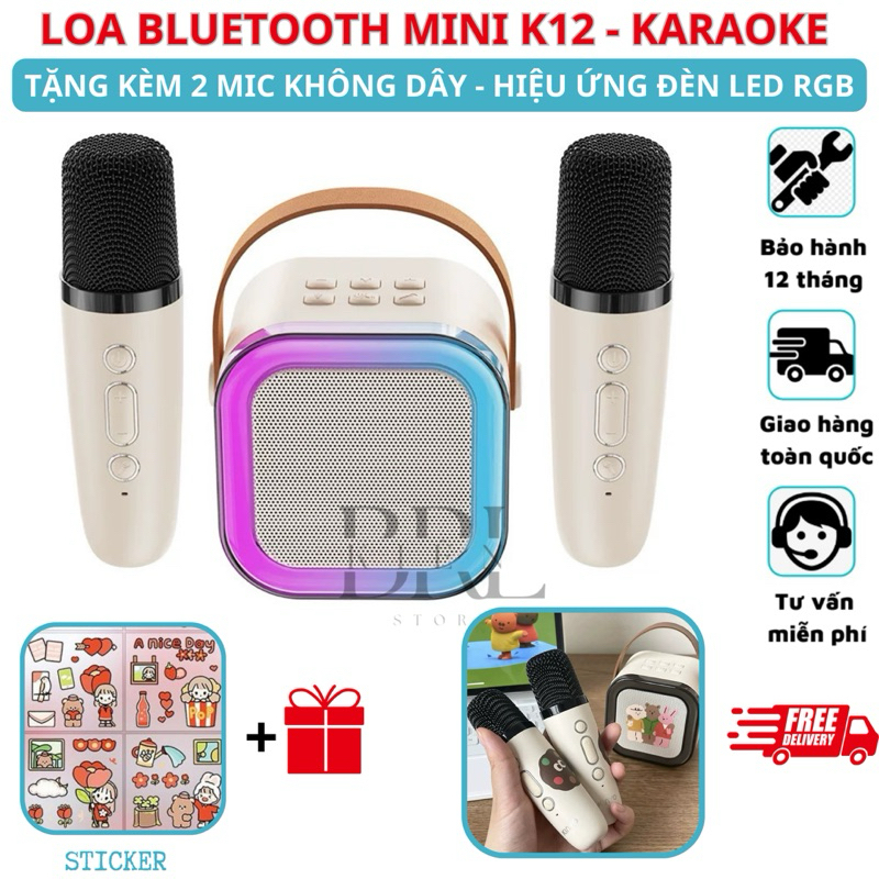 Loa bluetooth karaoke mini K12 kết hợp led rgb, tặng kèm 2 mic không ...