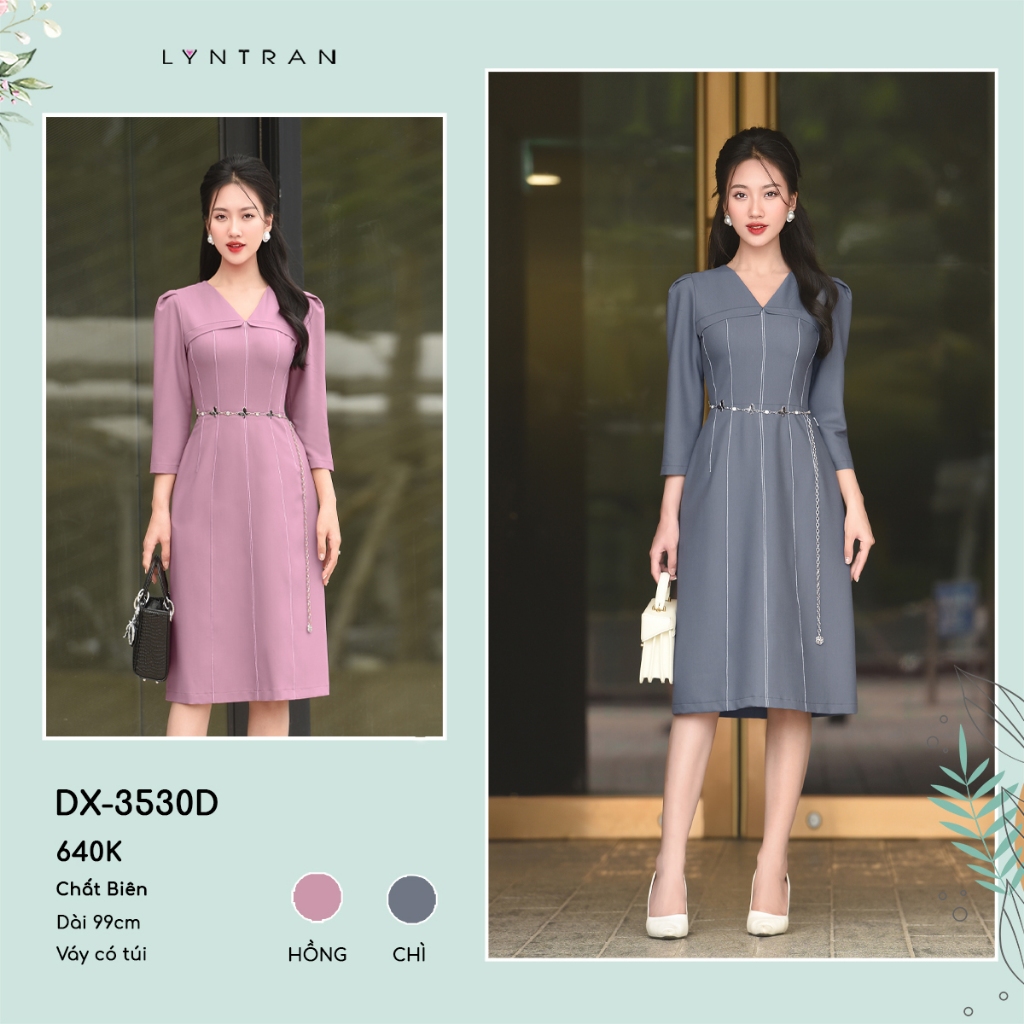 Đầm xòe công sở dáng A chần chỉ dọc thân, váy xòe LYNTRAN cổ V tay lỡ ...