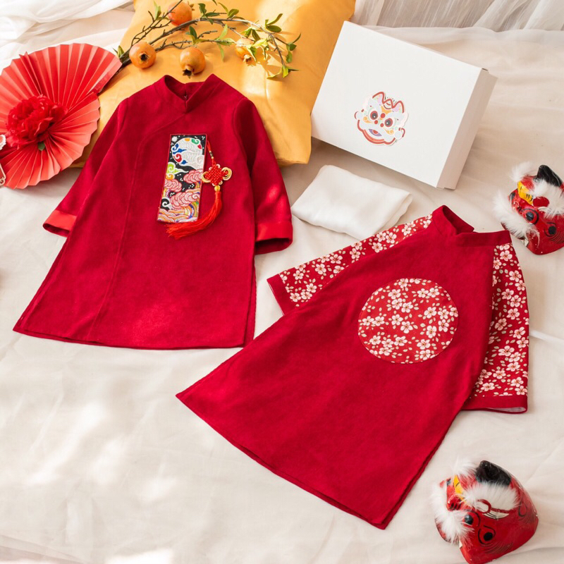 Set/áo dài tết cách tân chất nhung chéo cho bé trai, bé gái ( Mã 3221 ...