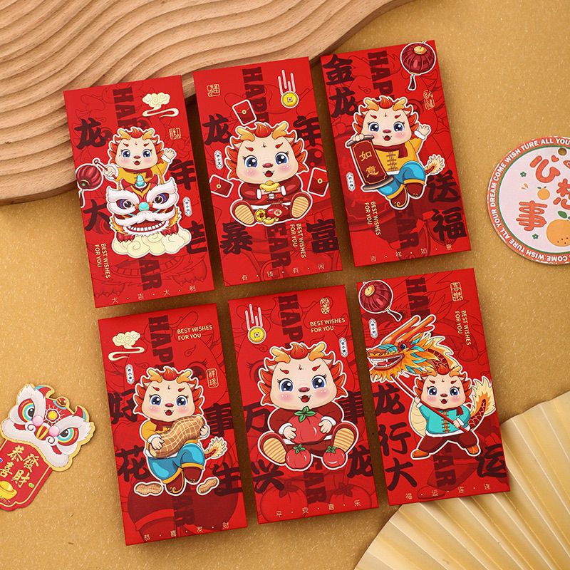 [HCM - Hoả tốc] Bộ 6 bao lì xì đỏ may mắn loại dày 2024 rồng kì lân ...