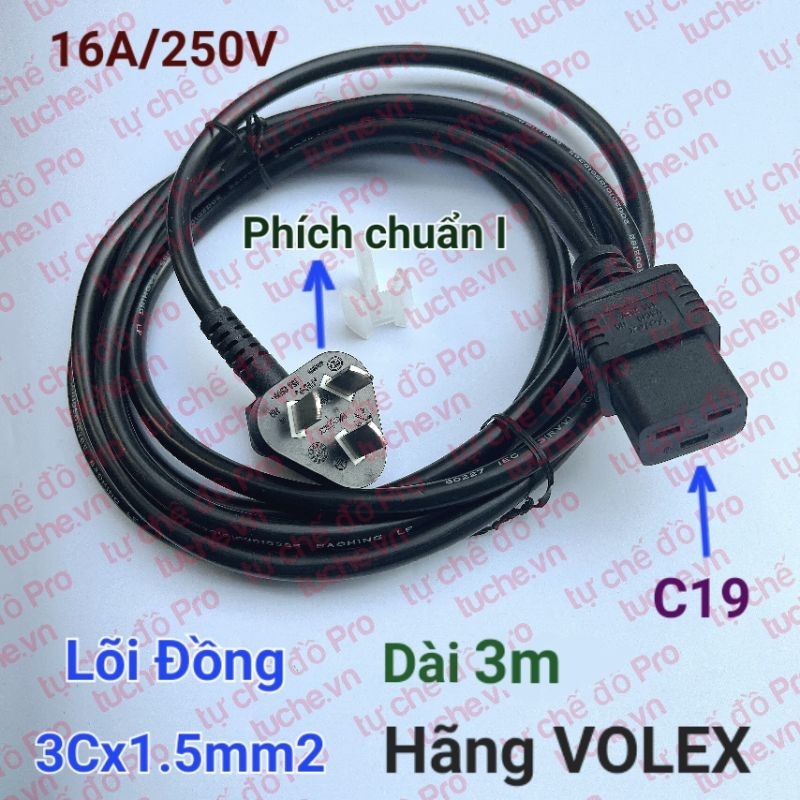 Dây nguồn VOLEX, LONGWELL...dài 2.5-3m, lõi Đồng3Cx1.5mm2, phích chuẩn ...