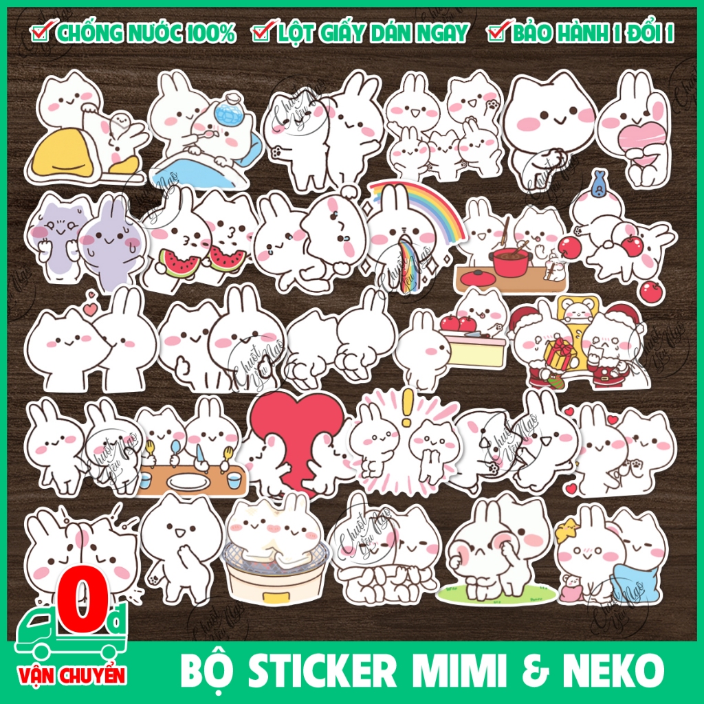 Combo 100 sticker không trùng MÈO THỎ TRẮNG đáng yêu mimi and neko dáng ...
