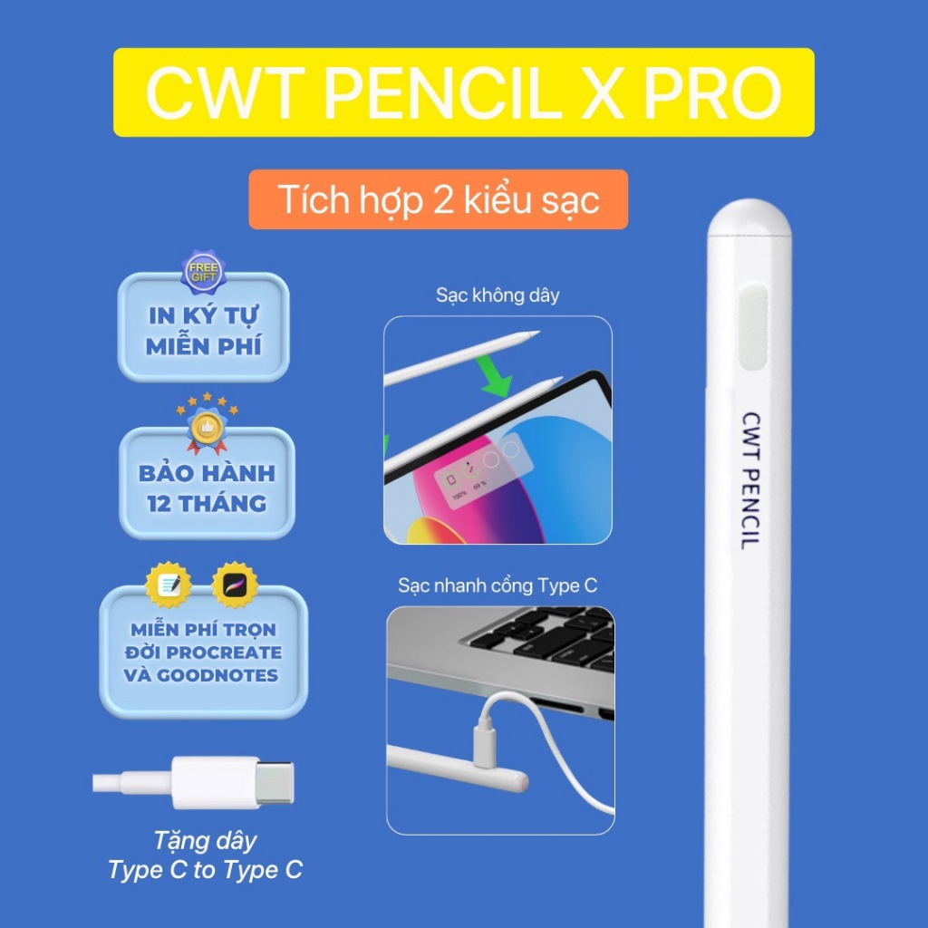 [TẶNG BỘ APP 800K] Bút cảm ứng CWT Pencil X PRO hỗ trợ sạc không dây, ngòi kim loại, custom tên ...